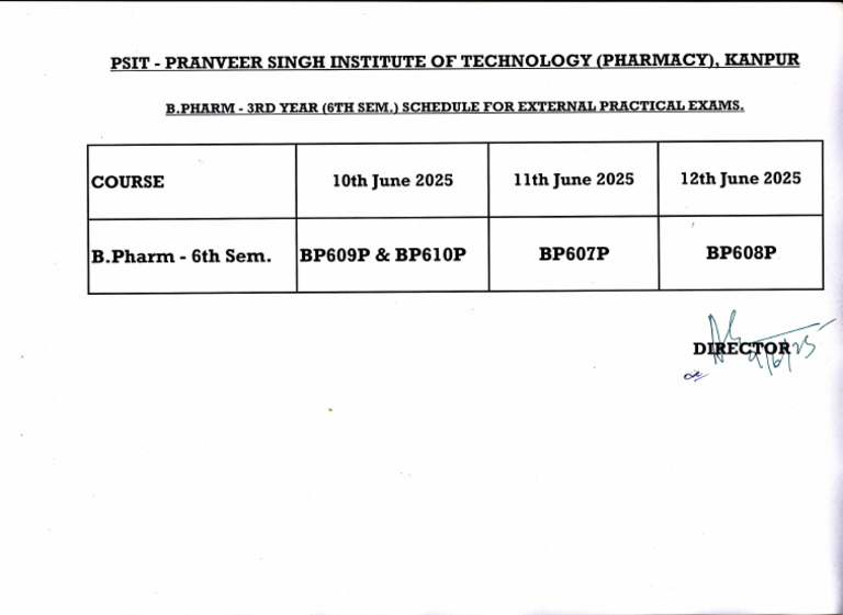 B.pharm - 3rd Year (6th Sem.) Schedule For External Practical Exams. | PDF