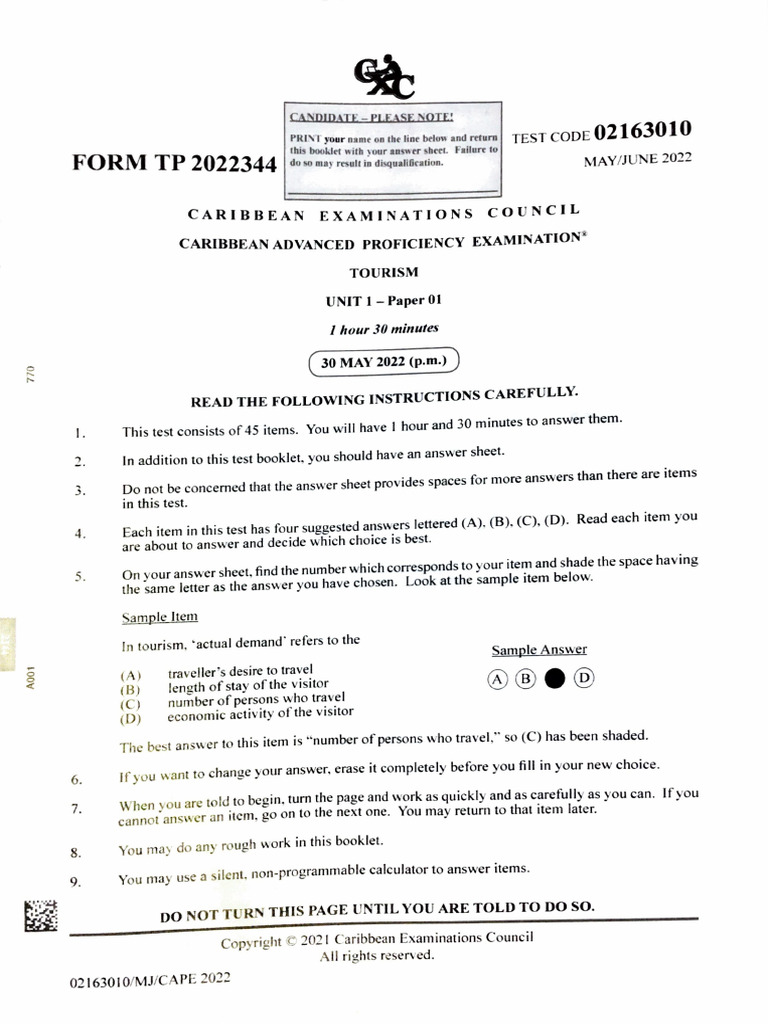 Tourism Unit 1 P1 2022 | PDF