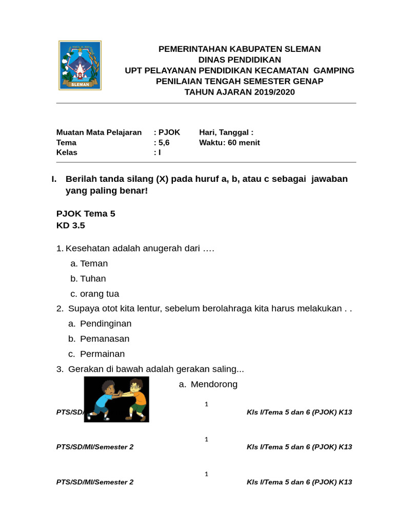PTS Kls 1 Semester Genap Fix | PDF
