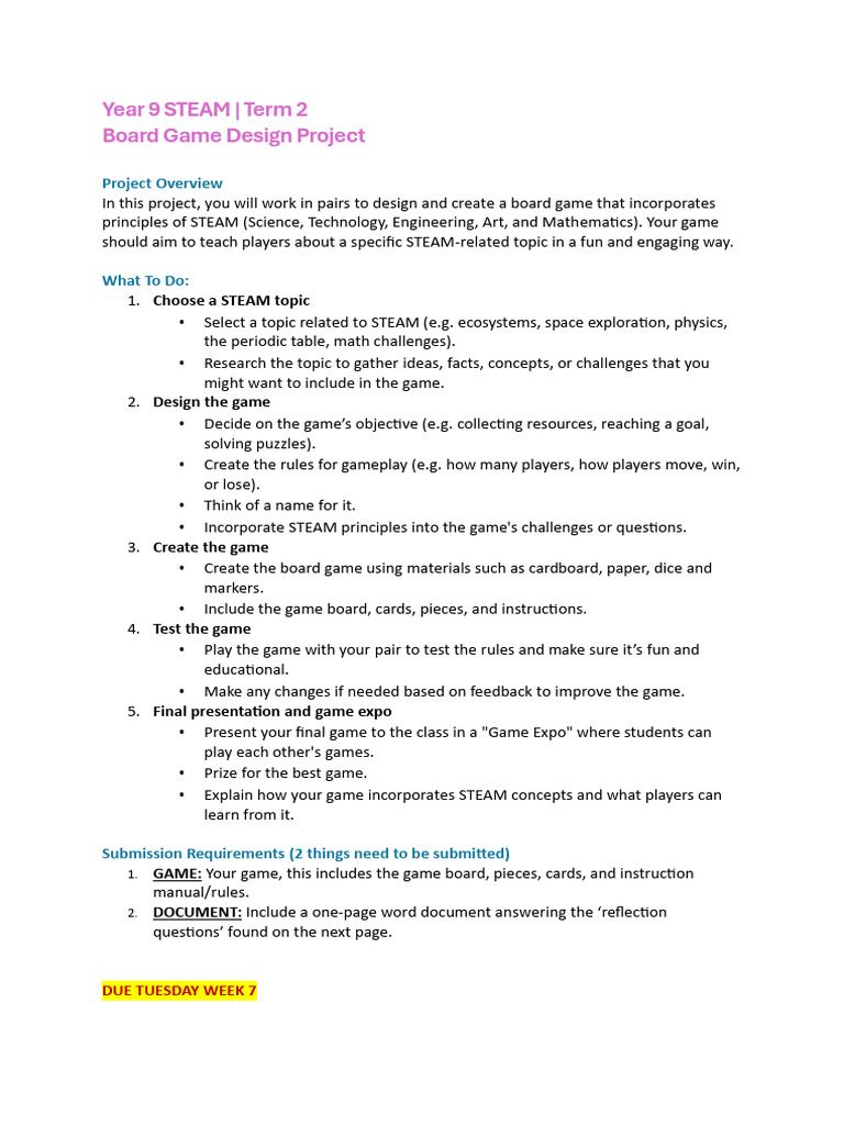 Year 9 STEAM Board Game Project Guide | PDF