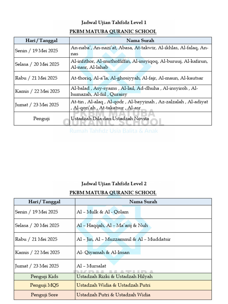 Jadwal Ujian Tahfidz 2025 | PDF