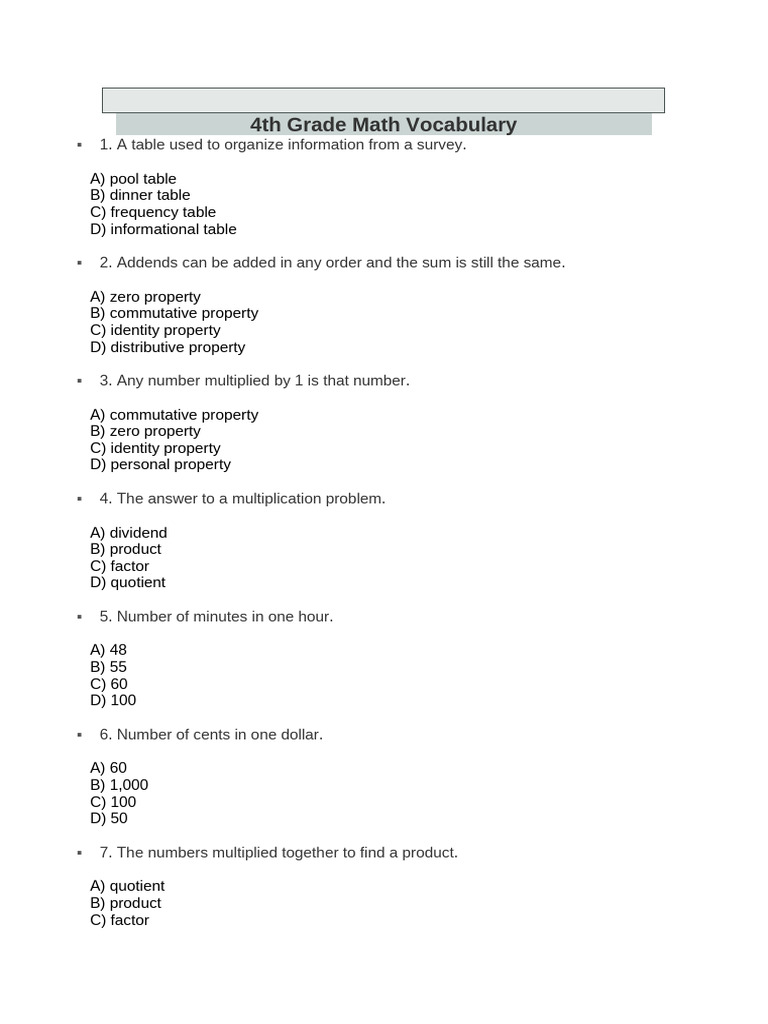 4th Grade Math Vocabulary | PDF | Triangle | Rectangle