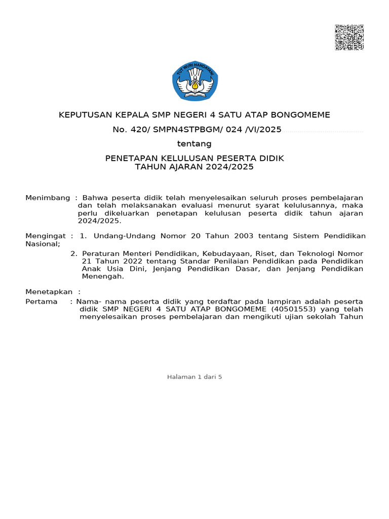 Sk Penetapan Kelulusan 2025 | PDF