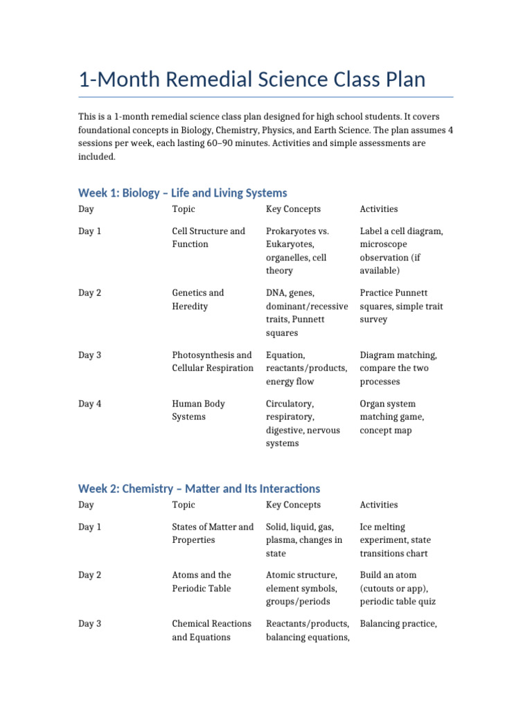 Remedial Science Class Plan | PDF | Biology | Cell (Biology)