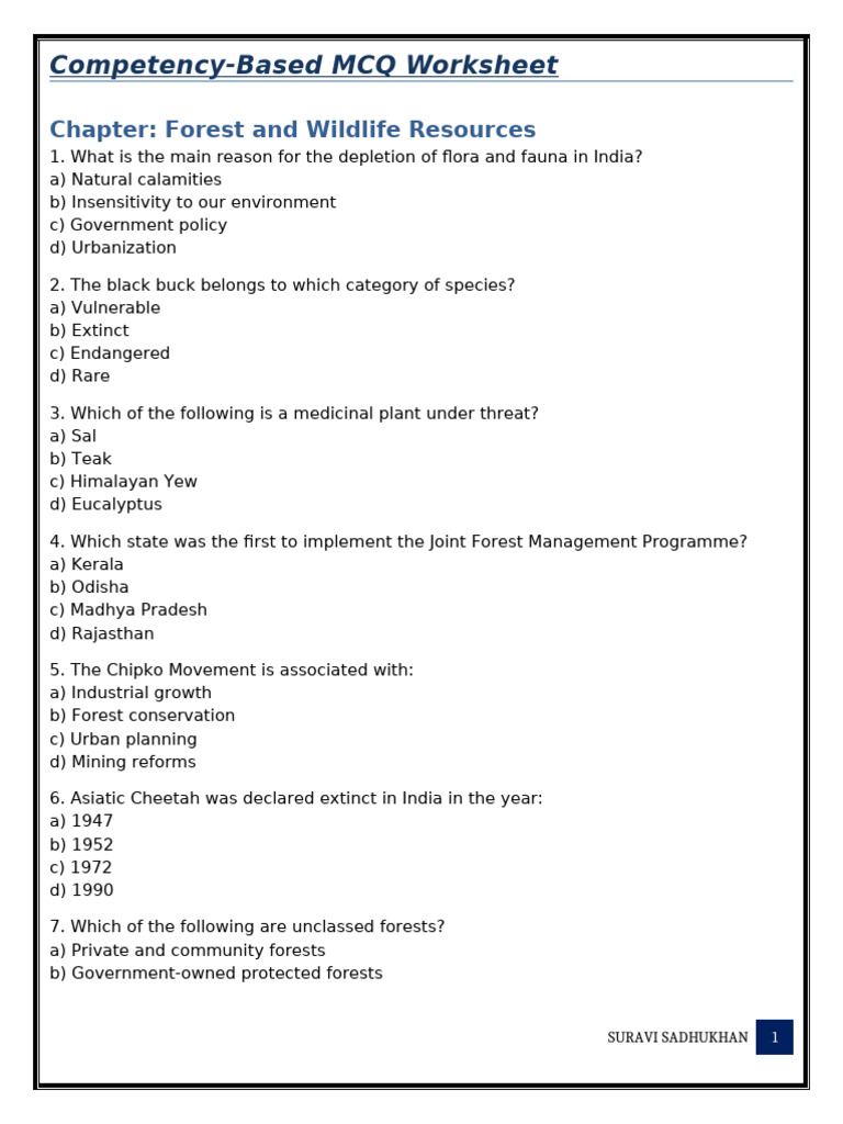 Forest and Wildlife Resources MCQs | PDF | Forest Management | Natural ...