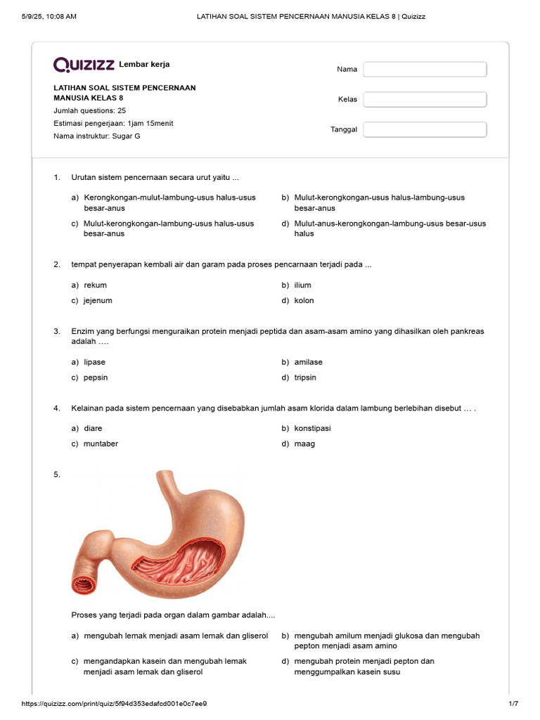 Latihan Soal Sistem Pencernaan Manusia Kelas 8 - Quizizz | PDF