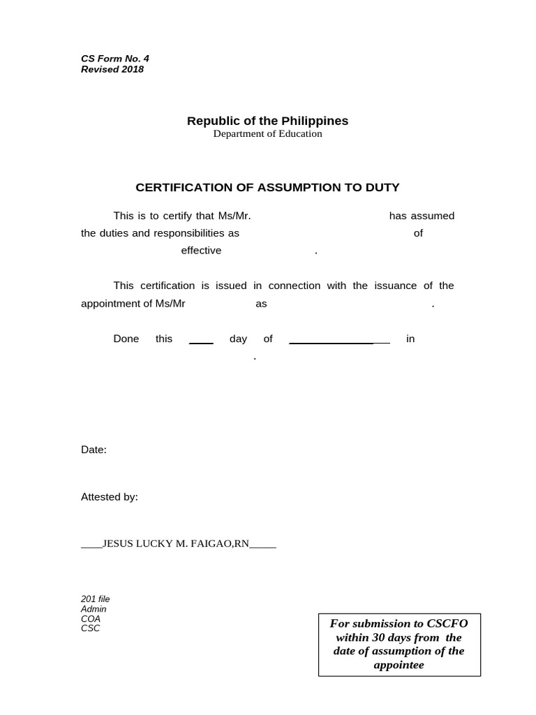 CS Form No. 4 Certification of Assumption To Duty | PDF