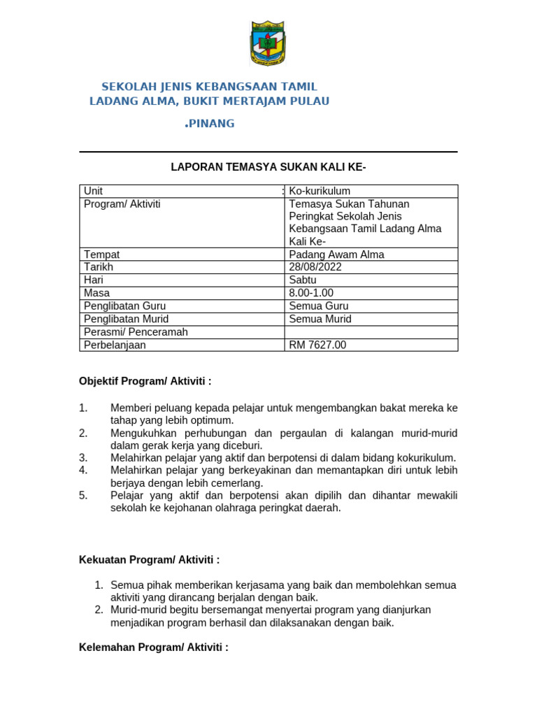 Laporan Kejohanan Sukan Tahunan Kali Ke | PDF