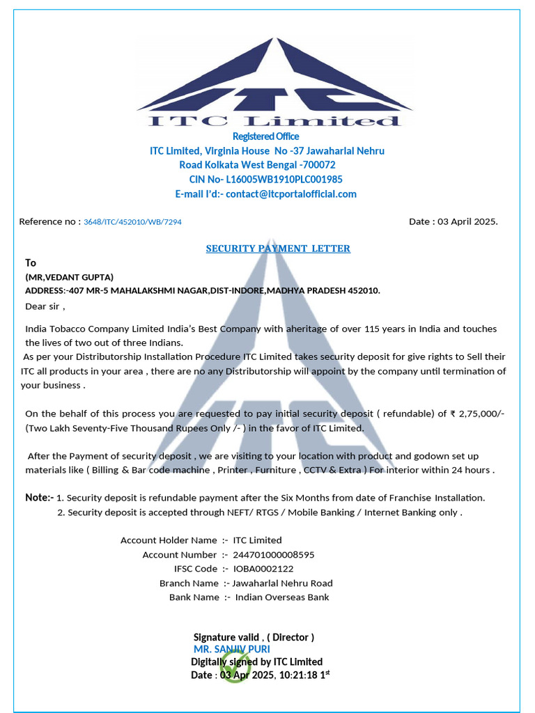 Itc Security Money Letter | PDF
