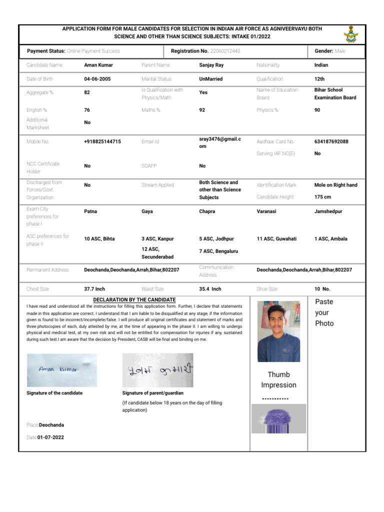 Agniveer Vayu Application Form 2022 | PDF