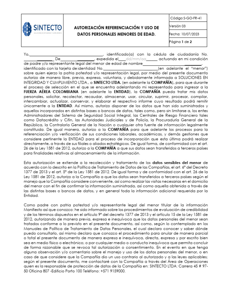 142-S-GO-FR-41 AUTORIZACIเN REFERENCIACIเN Y USO DE DATOS PERSONALES ...
