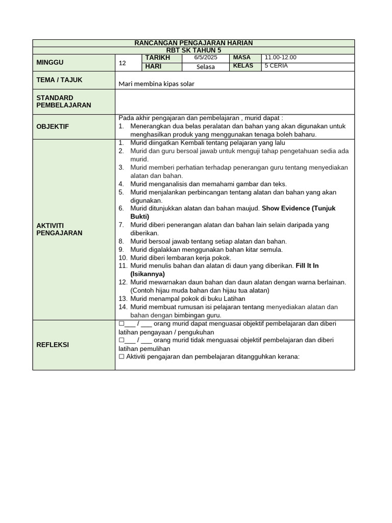 Kipas Solar untuk RBT Tahun 5 | PDF
