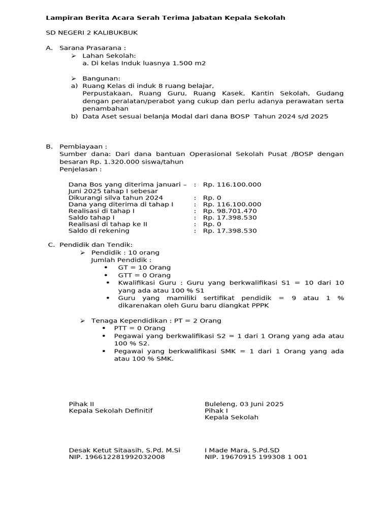 Lampiran Berita Acara Serah Terima Jabatan Kepala Sekolah | PDF