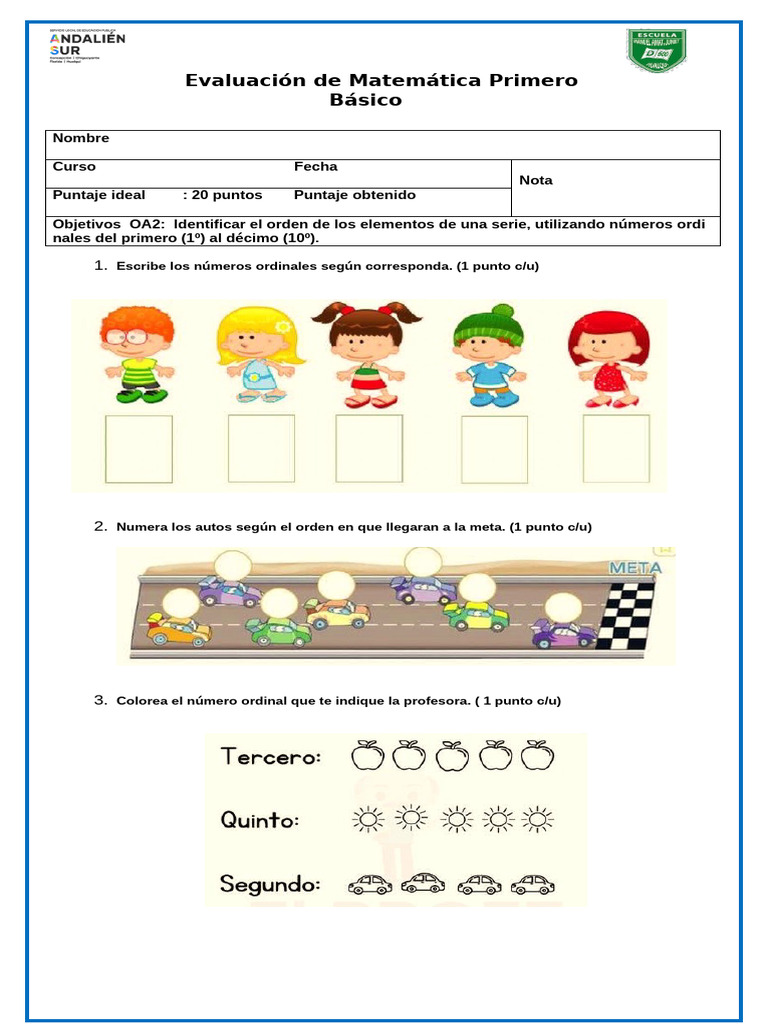 Evaluación de Números Ordinales 1º Básico | PDF