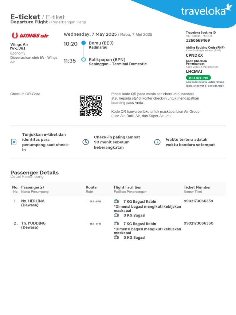 Flight#1 Herlina Bej Lhcmai Bpn Flight Originating | PDF