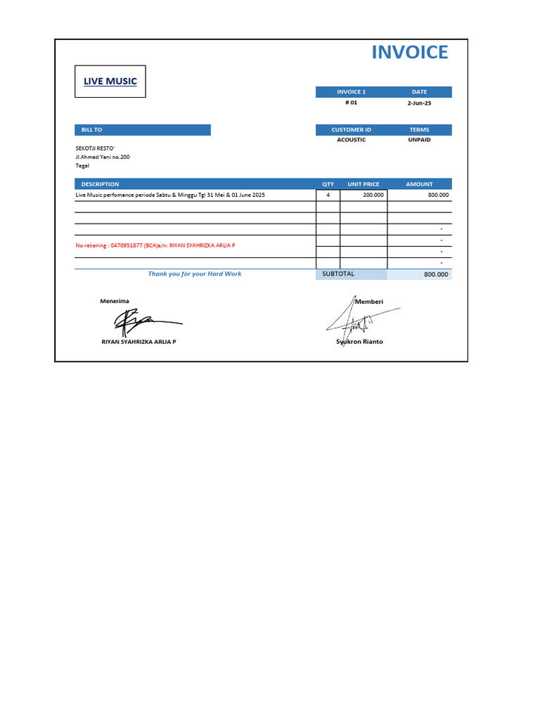 INVOICE LIVE MUSIC 31 Mei & 1 June 2025 | PDF