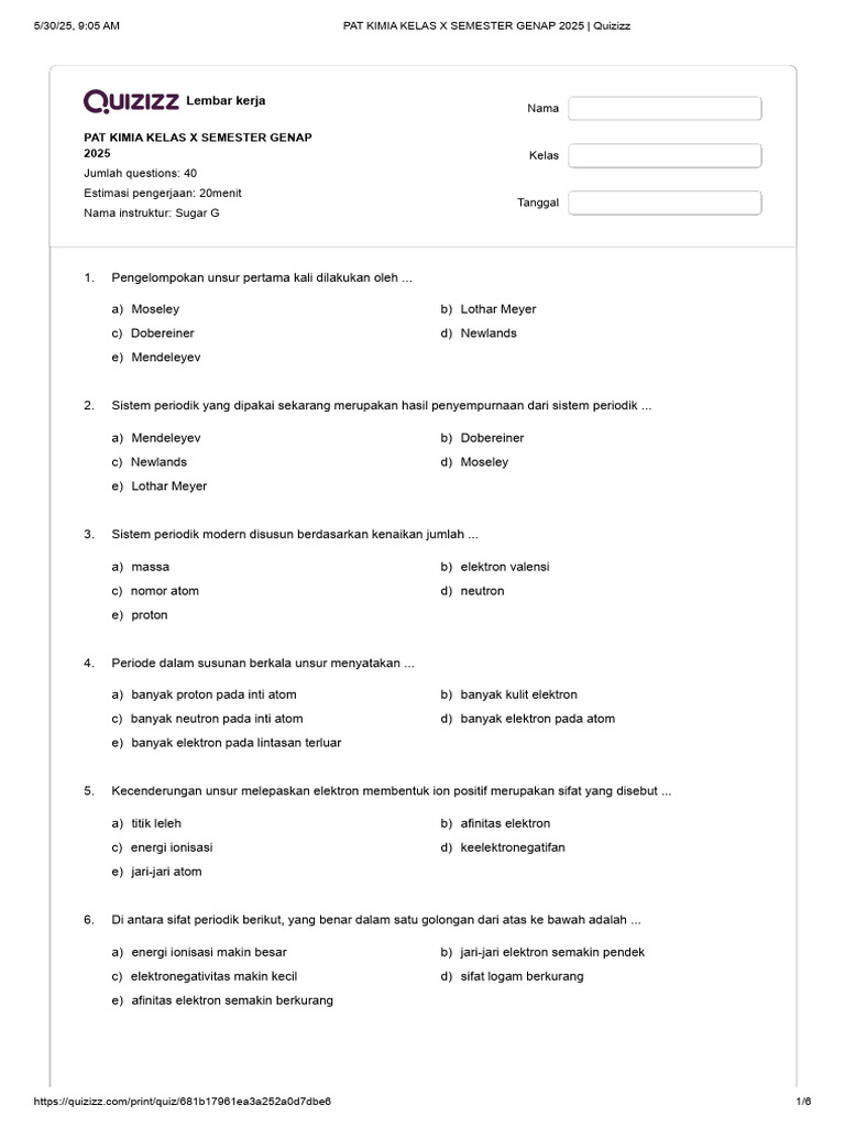 Pat Kimia Kelas X Semester Genap 2025 - Quizizz | PDF