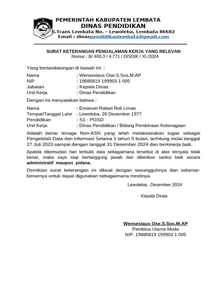 Lampiran IV Surat Keterangan Pengalaman Kerja | PDF