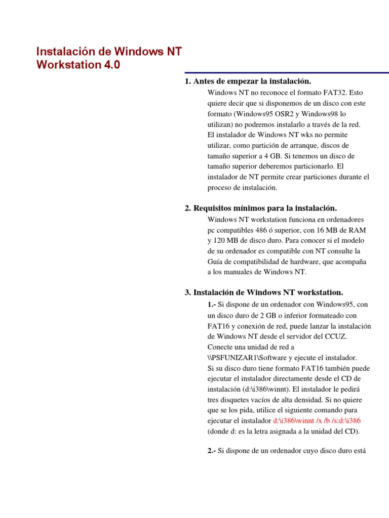 Instalación de Windows NT Workstation 4.0 | PDF | Windows Nt | Disco duro
