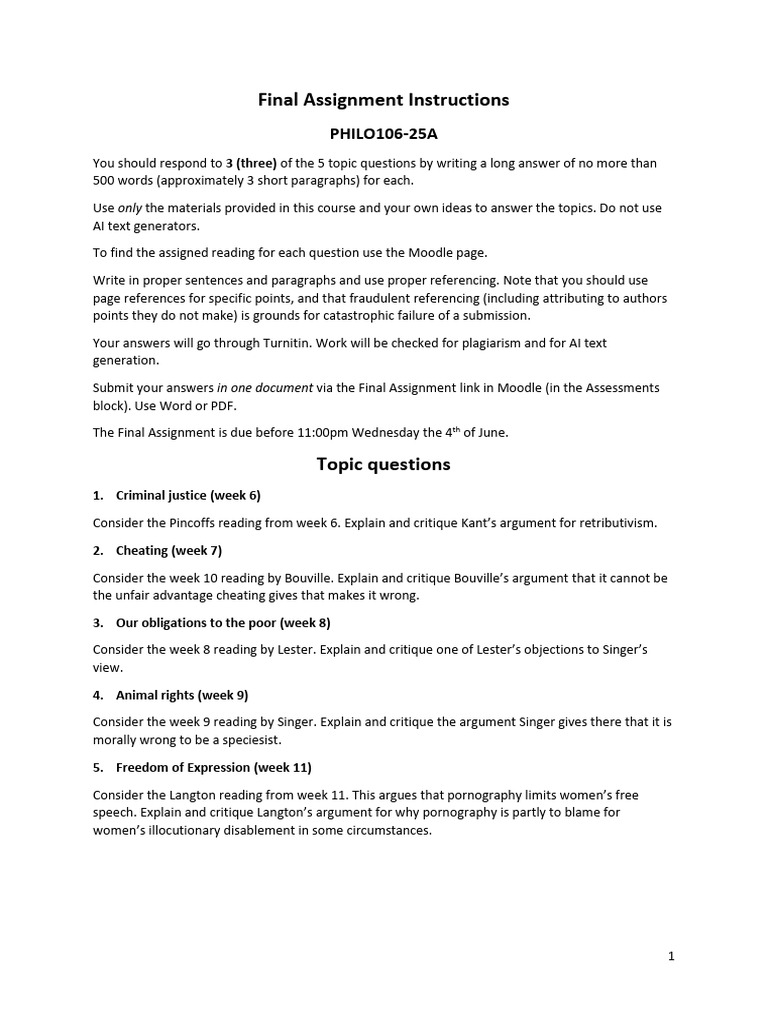 PHILO106-25A Final Assignment Topics and Instructions | PDF | Turnitin