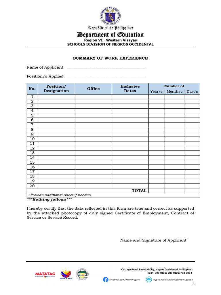 Work Experience Summary Form | PDF