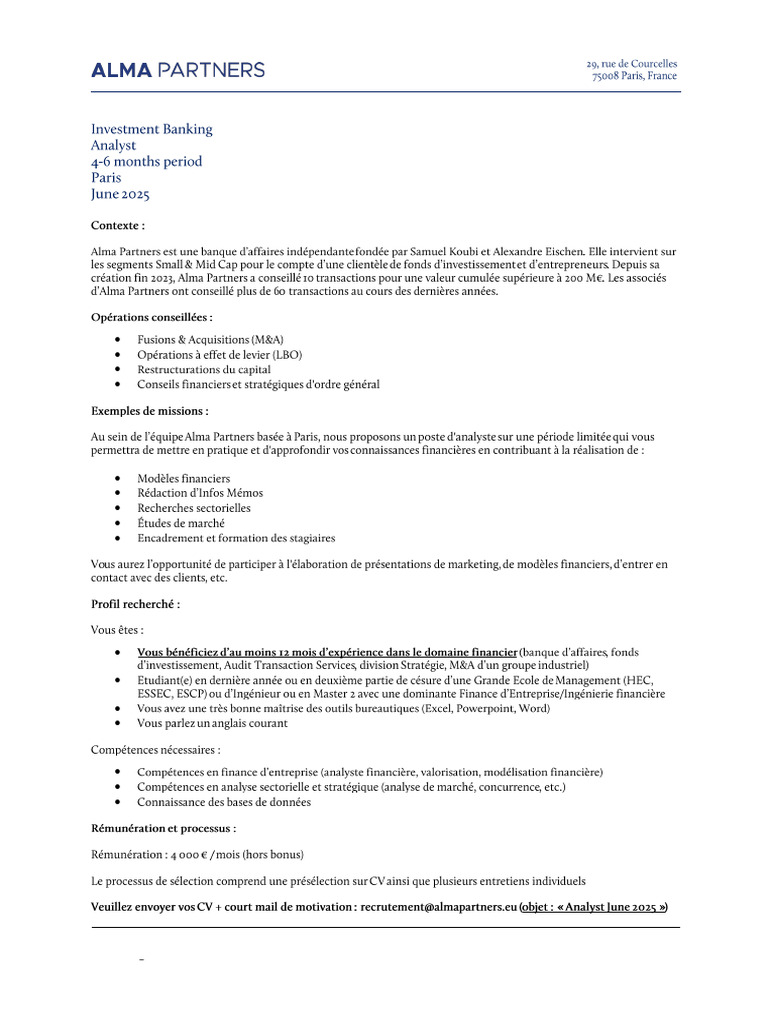 Alma Partners - IB Analyst Position - June25 | PDF
