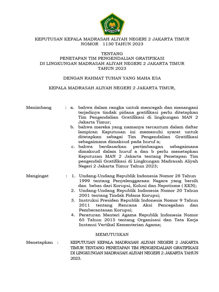 Renaksi - 697756 - 1735267029 - 1.5.1.B - SK Tim Pengendalian Gratifikasi MAN 2 JKT | PDF