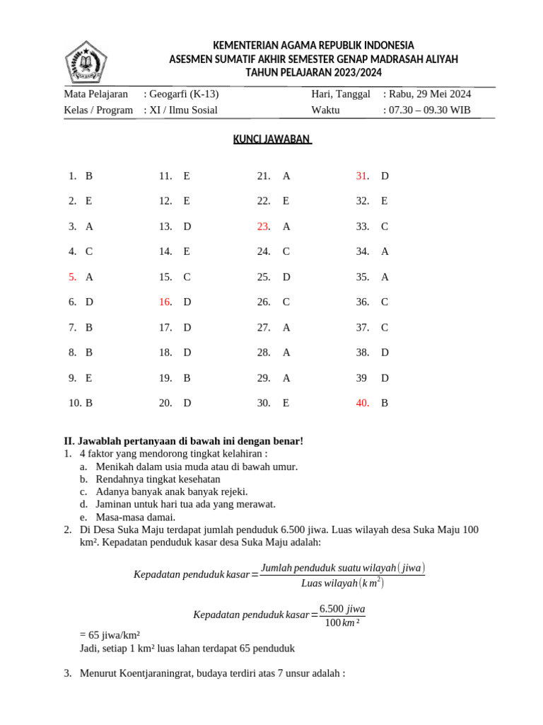 Kunci Xi Geografi Asas Genap 2023-2024 | PDF