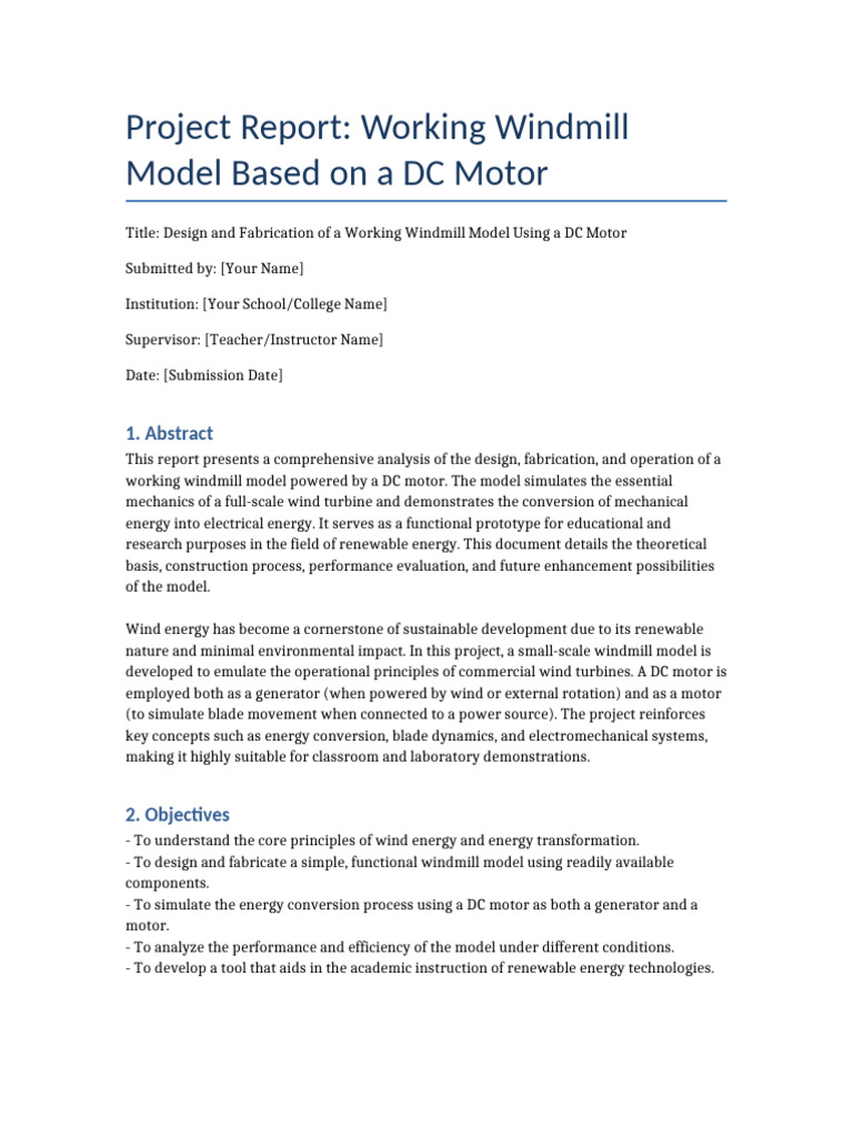 Windmill Model Project Report | PDF | Electric Motor | Electric Generator