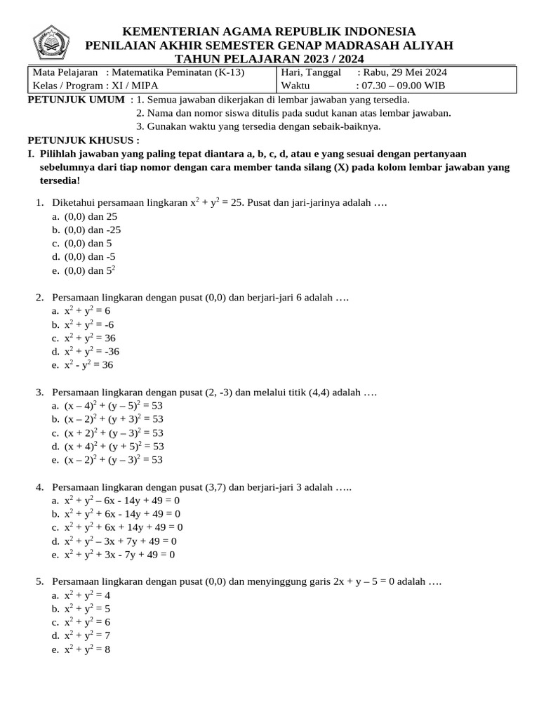 Soal Xi MTK Peminatan Asas Genap 2023-2024 | PDF