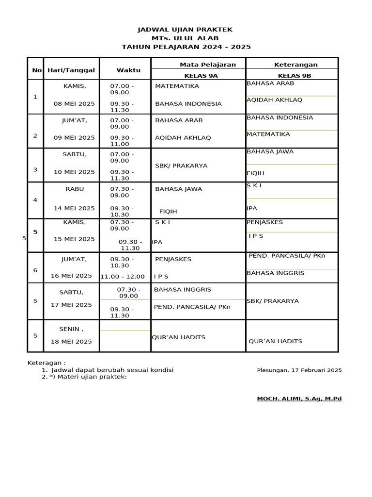 Ajdwal Ujian Praktek Kelas 9 | PDF