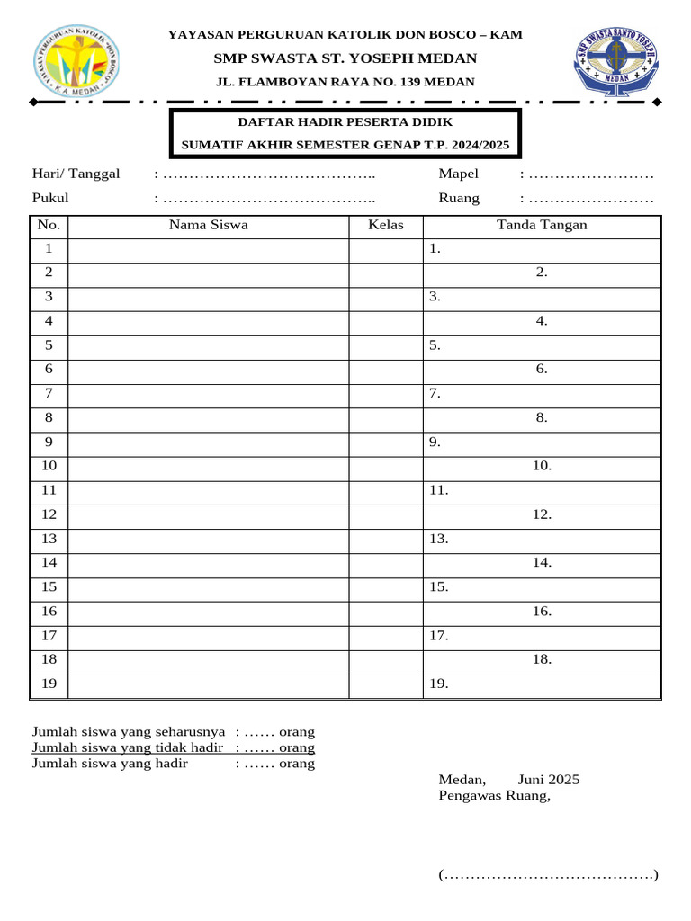 Daftar Hadir Siswa SMP St. Yoseph Medan | PDF