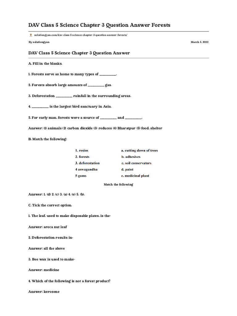 DAV Class 5 Science Chapter 3 Question Answer Forests | PDF | Soil | Atmosphere Of Earth