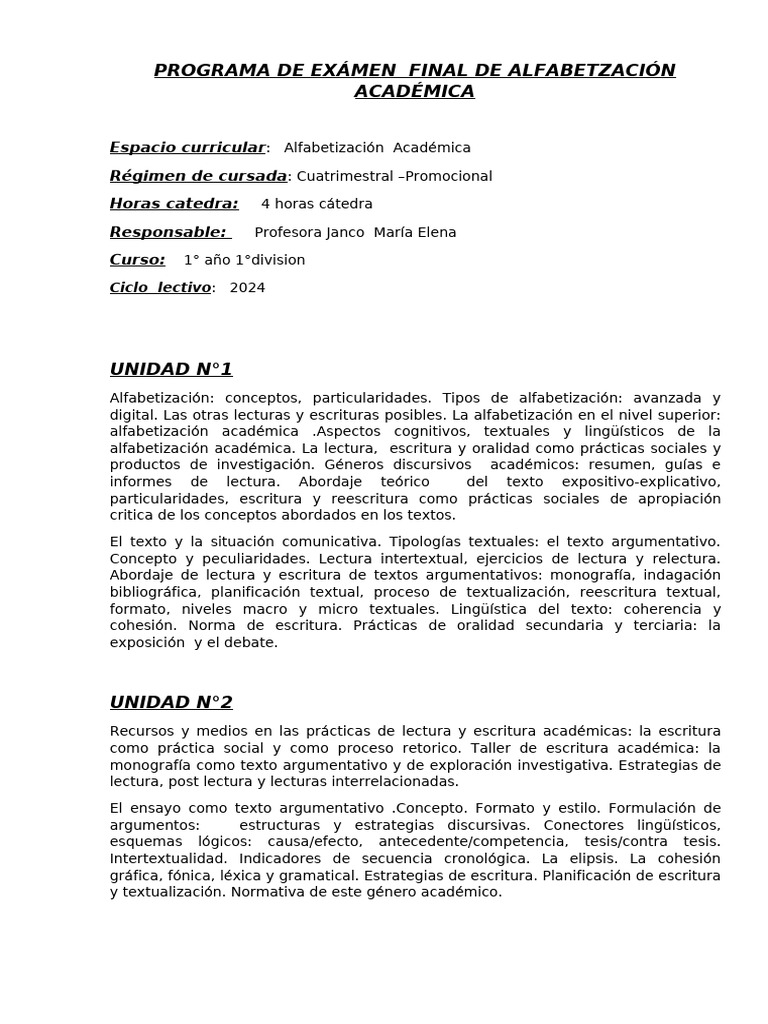 Programa de Examen Final de Alfabetzacion Academica - 24 | PDF ...