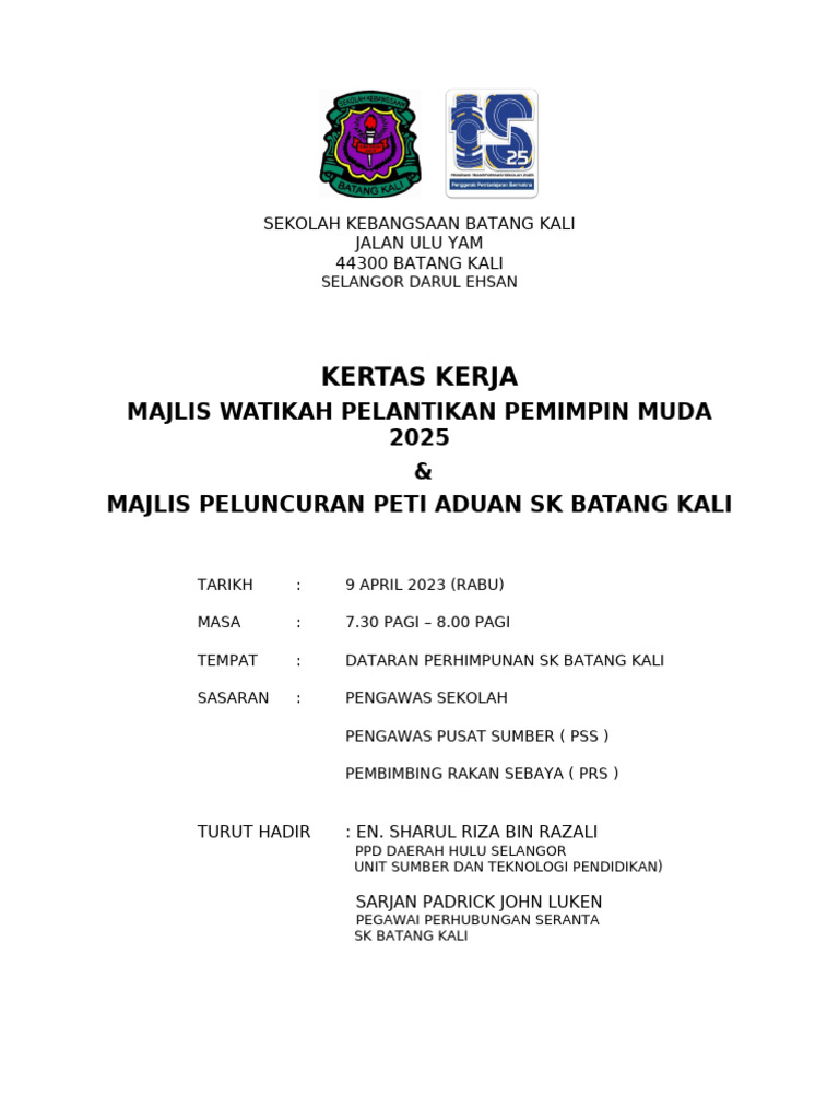 Kertas Kerja Watikah Pelantikan Pemimpin Muda 2023 Lampiran Perlu | PDF