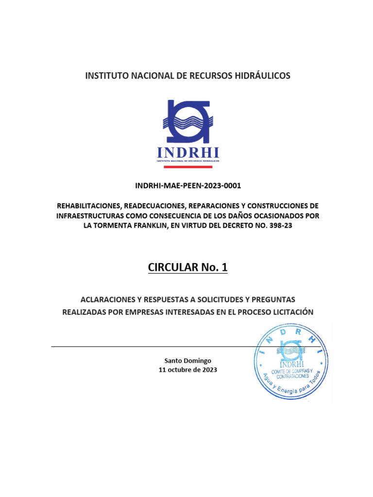 CIRCULAR No. 1 - INDRHI-MAE-PEEN-2023-0001 | PDF | Mercado libre