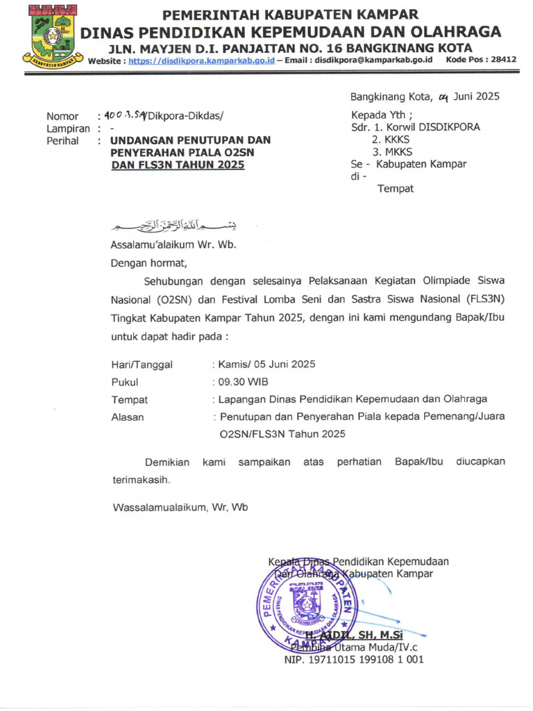 Undangan Penutupan Dan Penyerahan Piala O2SN Dan FLS3N Tahun 2025 | PDF