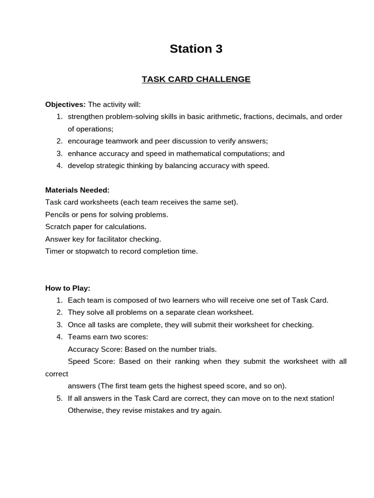 Revised STATION 3 - TASK CARD CHALLENGE - SET1 | PDF | Mathematics