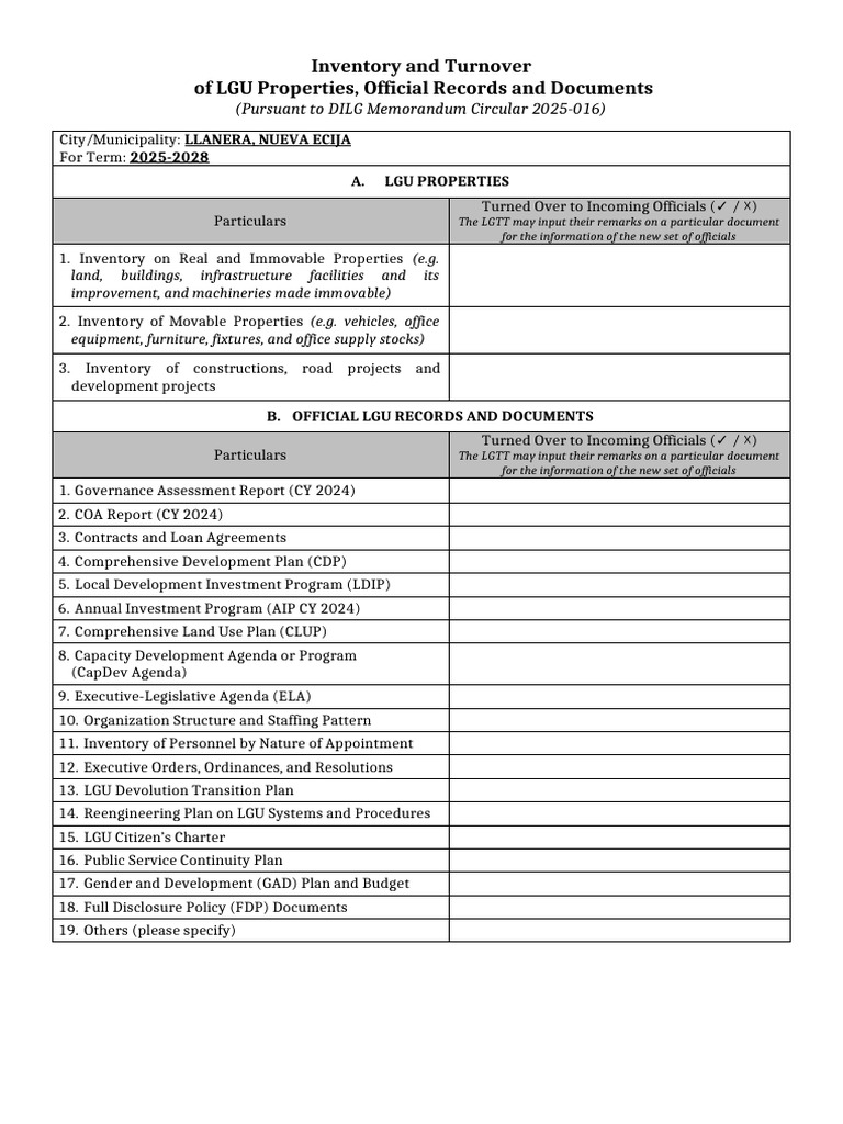 NLE 2025 Sample Turnover Form Newly Elected LCE | PDF | Economies