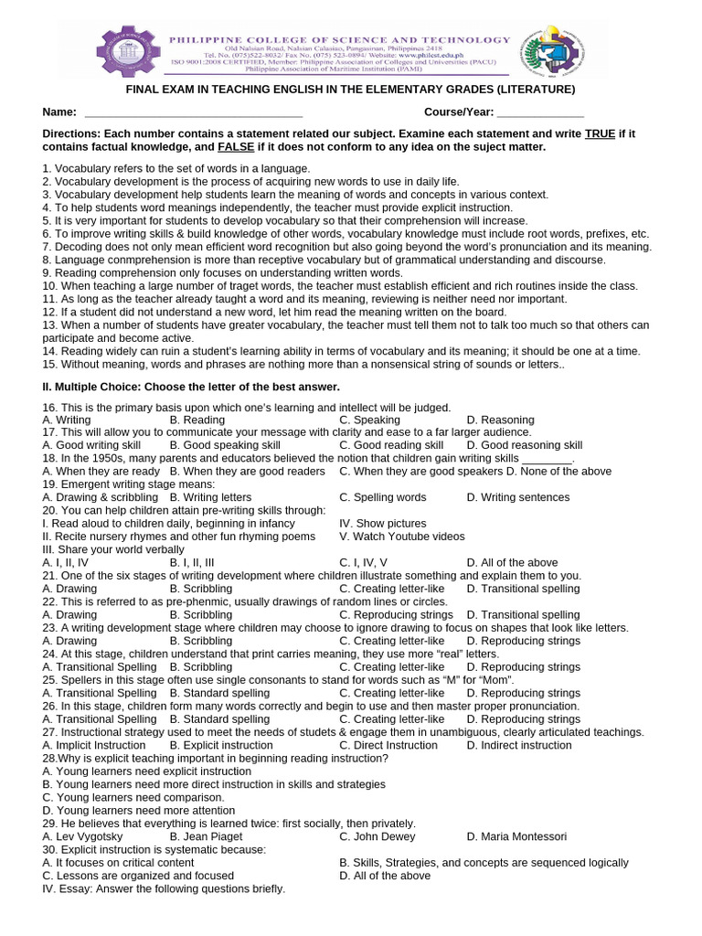 Final Exam in Teaching Literature | PDF | Reading Comprehension ...