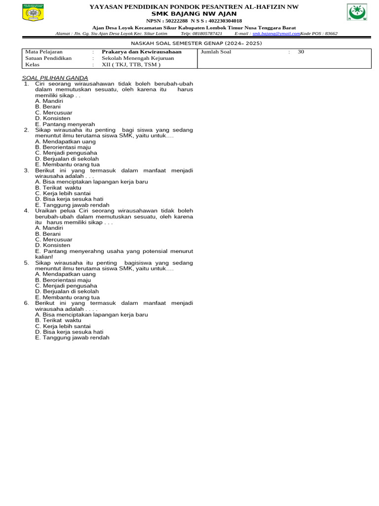 Contoh-Naskah Soal SMST 6 Kelas - 12 (TKJ, TTB, TSM) | PDF