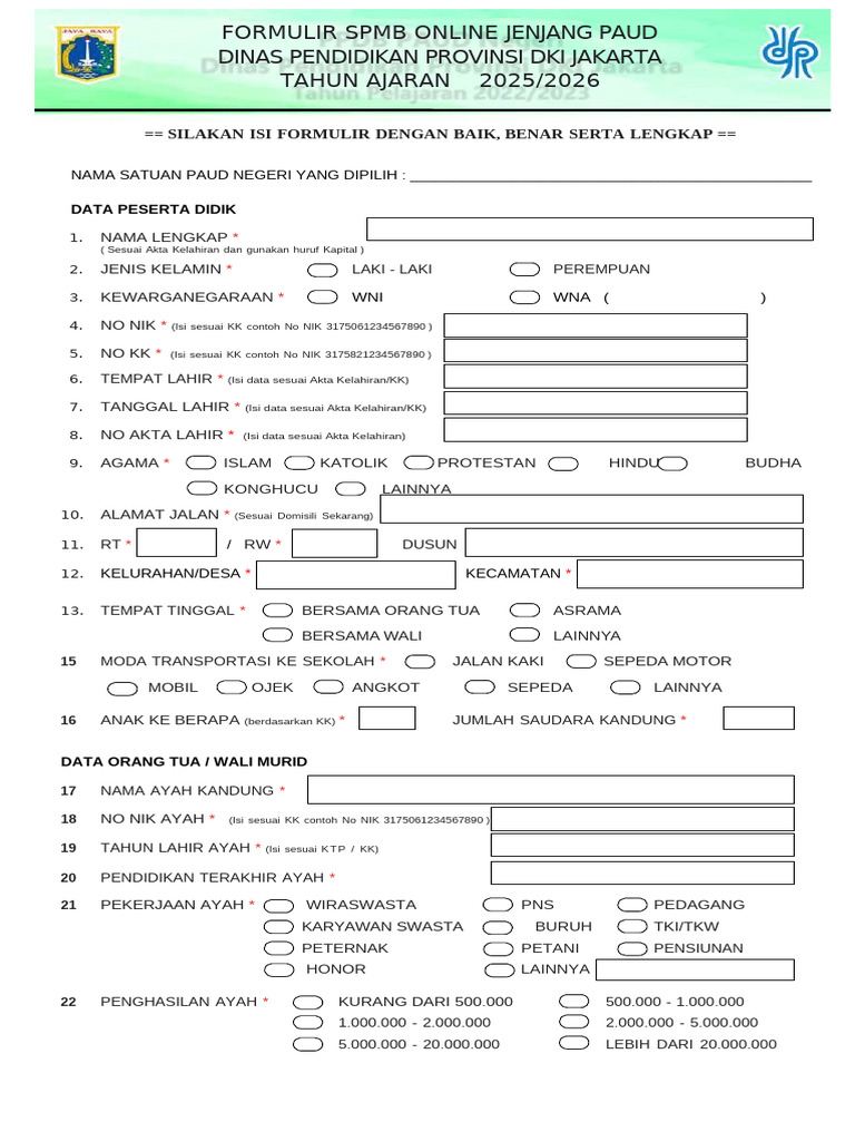 Formulir PPDB Paud 2025 | PDF