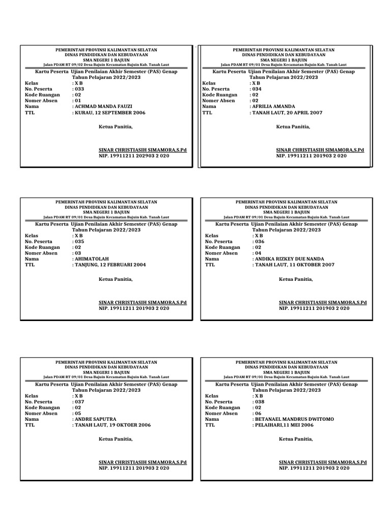 kARTU PESERTA RUANG 2 | PDF