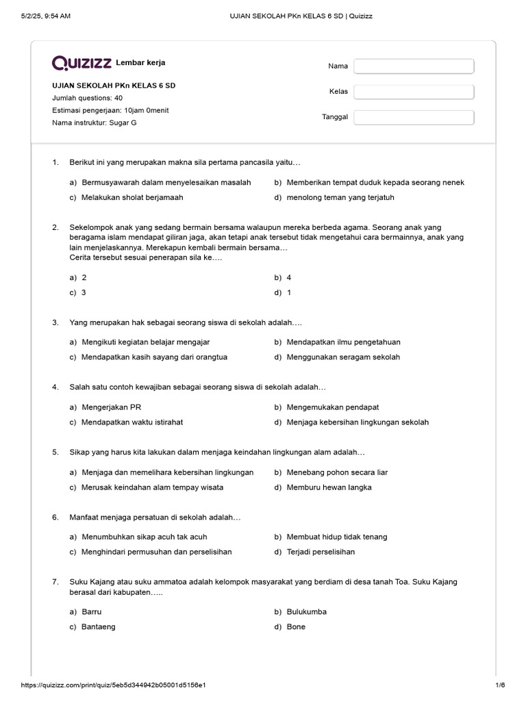 Ujian Sekolah PKN Kelas 6 SD - Quizizz | PDF