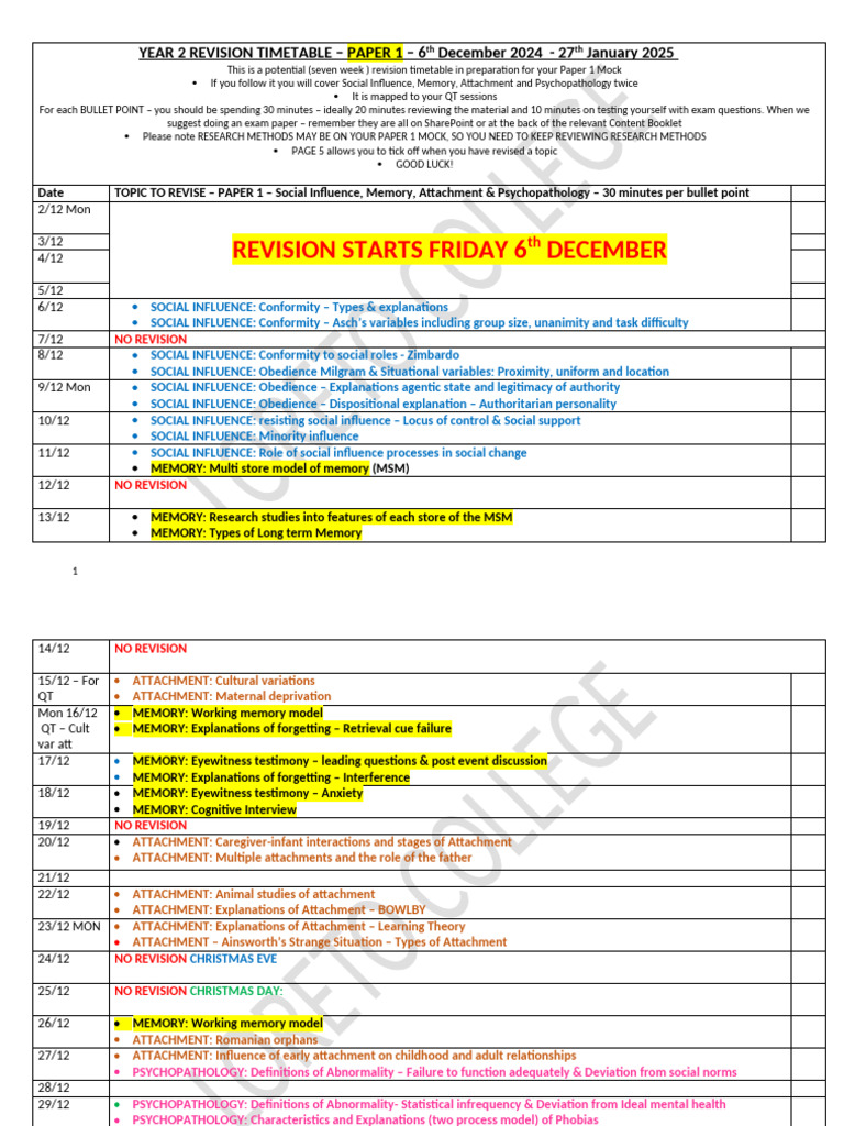 2024-25 Year 2 Paper 1 Mock Exam Revision Timetable | PDF | Attachment ...