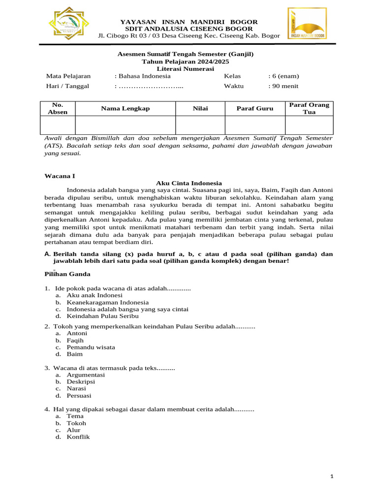 Soal Asts Bahasa Indonesia Kelas 6 2024-2025 | PDF