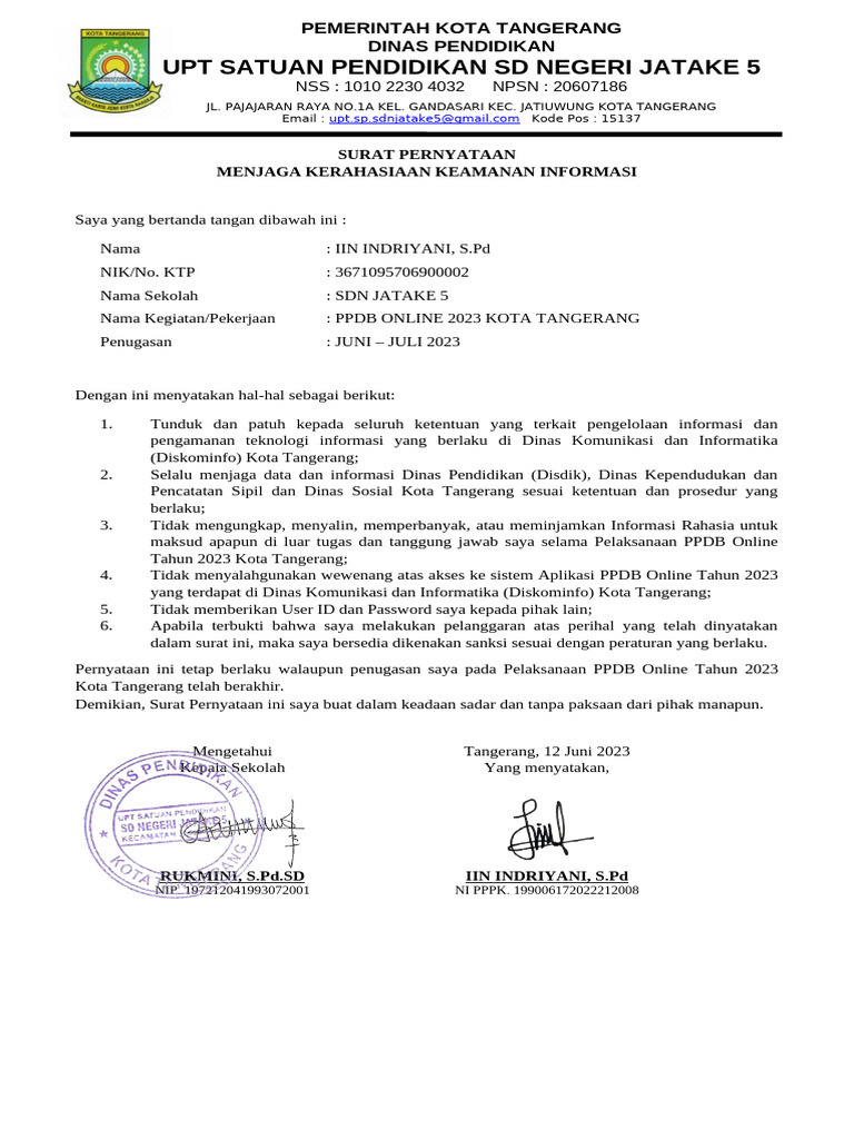Surat Pernyataan PPDB Online | PDF