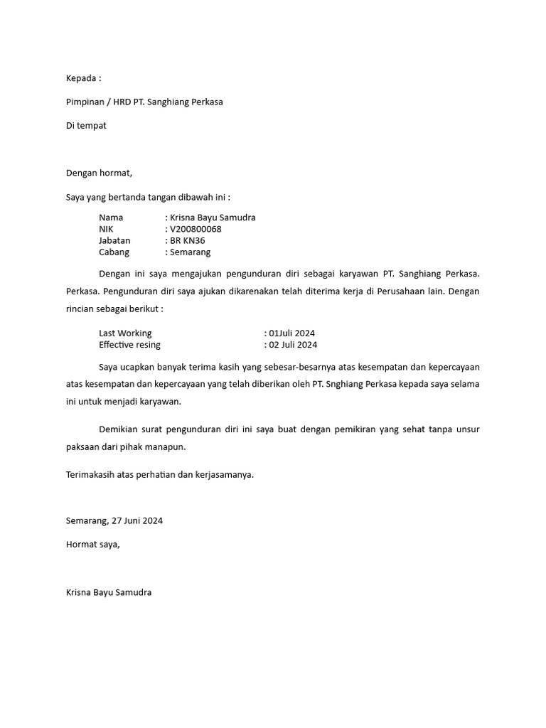 Surat Resign Krisna Bayu Samudra | PDF