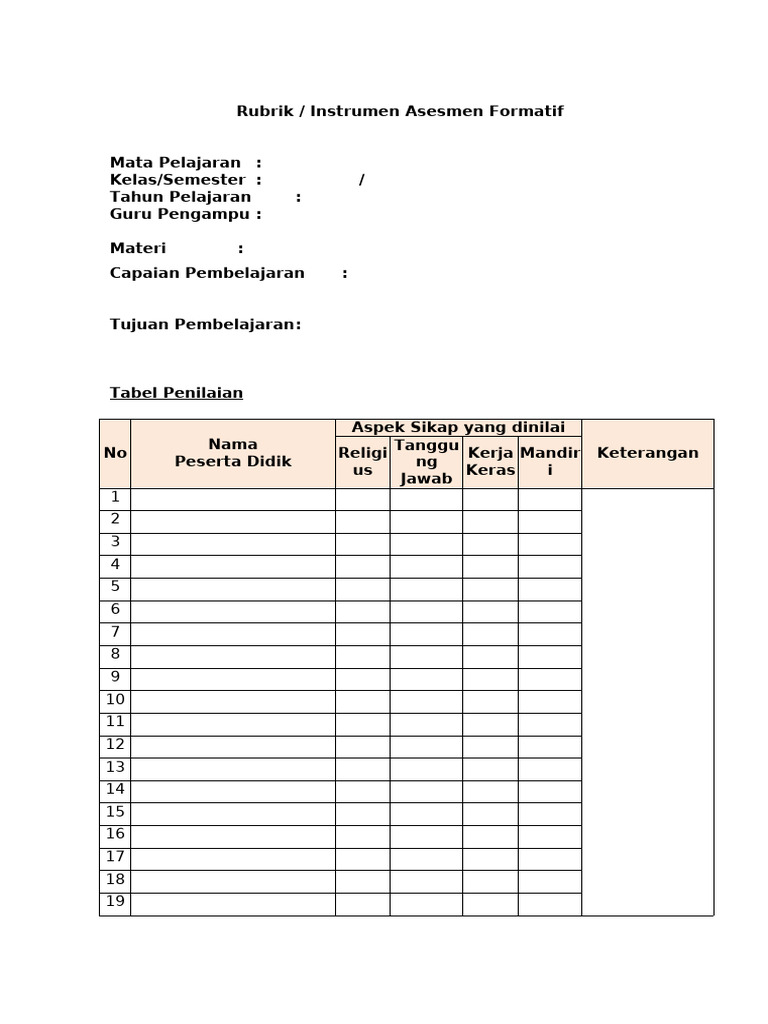 Rubrik Penilaian Asesmen Formatif | PDF