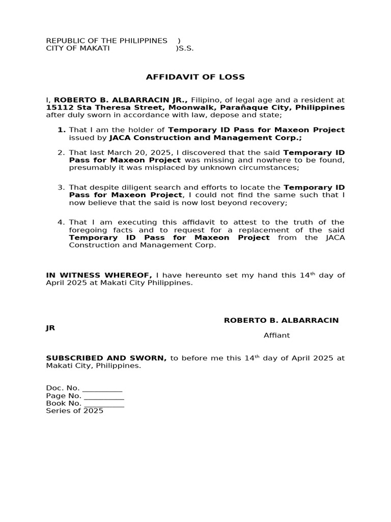 Affidavit of Loss for Temporary ID Pass | PDF